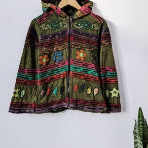 Merlin Multicolor Patchwork Hoodie Flowers Applique Hippie Floral Nepal ...
