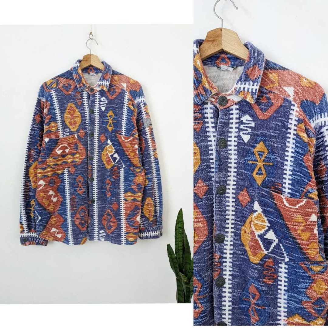 Vintage Ornament Overshirt Aztec Print Steel Snap Long Sleeve ...
