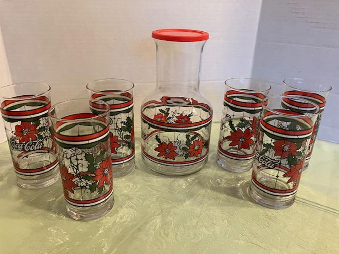 Vintage Coca-cola Whataburger Pitcher 6 Glass Set Poinsettia Christmas ...
