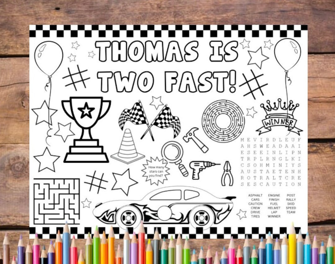 Customizable Two Fast Race Car Birthday Printable Coloring Page, Race ...