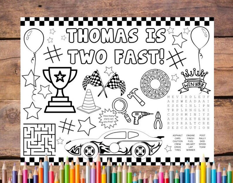Customizable Two Fast Race Car Birthday Printable Coloring - Etsy