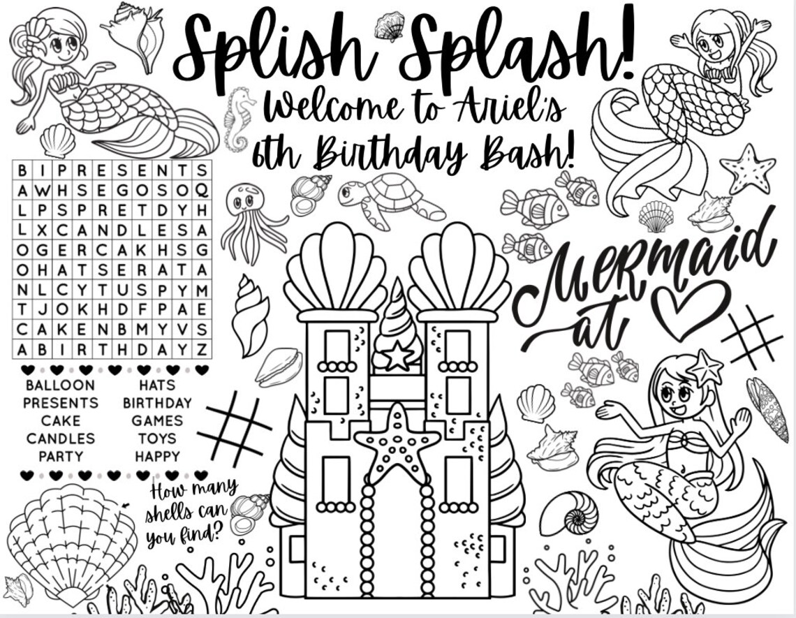 Customizable Splish Splash Mermaid Birthday Printable Coloring Page ...