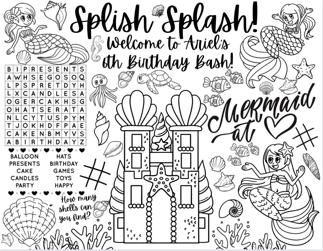 Customizable Splish Splash Mermaid Birthday Printable Coloring Page ...