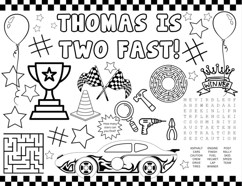 Customizable Two Fast Race Car Birthday Printable Coloring - Etsy