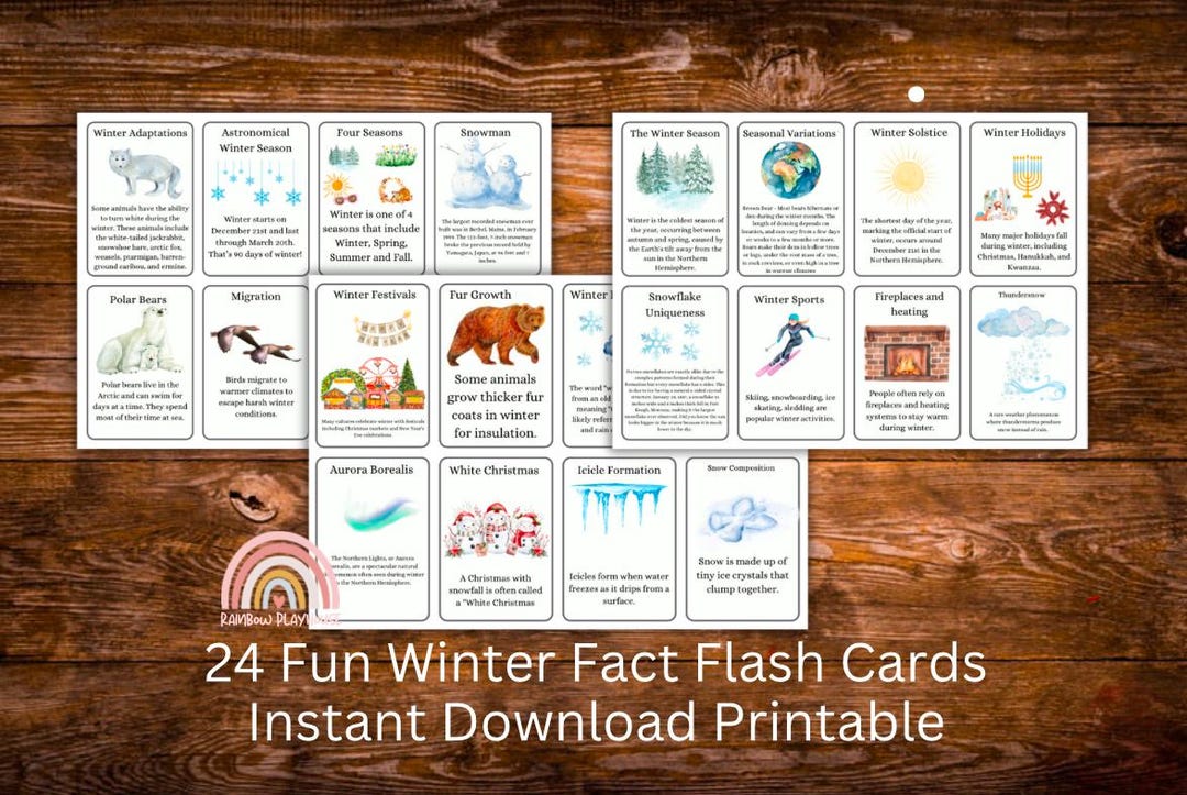 24 Fun Winter Fact Flash Cards Instant Download, Homeschool, Matching ...