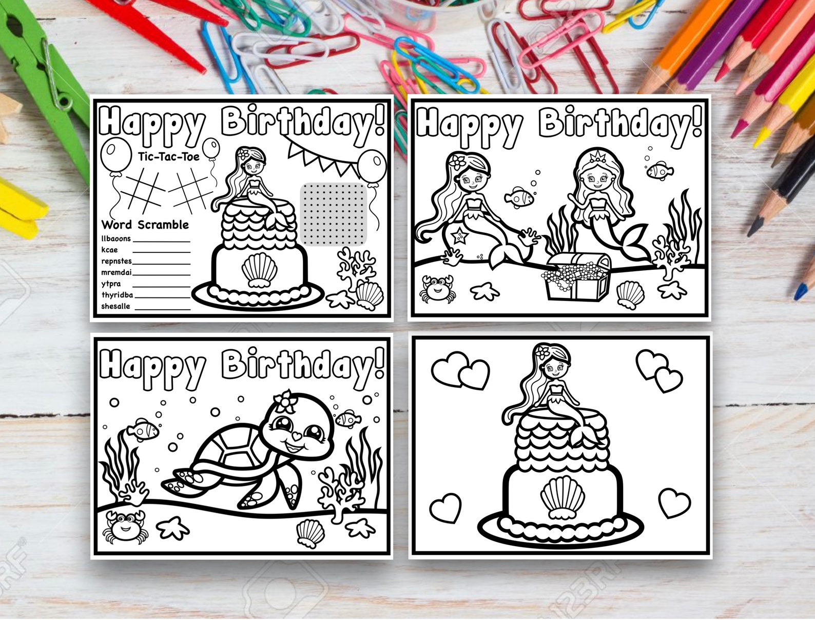 Set of 4 Mermaid Birthday Coloring Pages - Etsy
