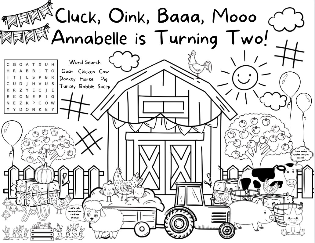 Customizable Cluck, Oink, Baaa, Mooo Farm Birthday Printable Coloring ...