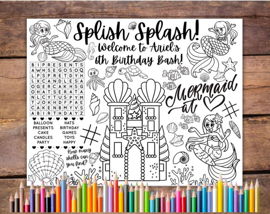 Customizable Splish Splash Mermaid Birthday Printable Coloring Page ...