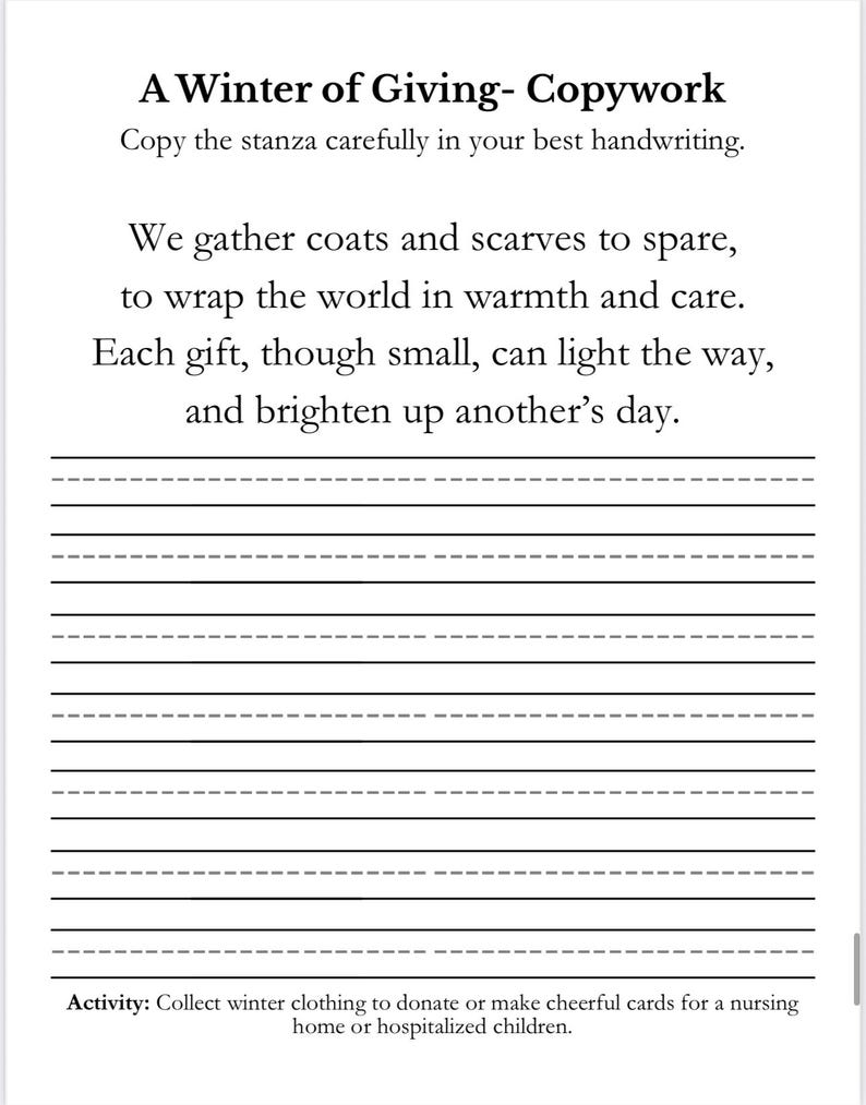 Winter Homeschool Workbook | Poetry, Copywork, Coloring (ages 6-12) - Etsy