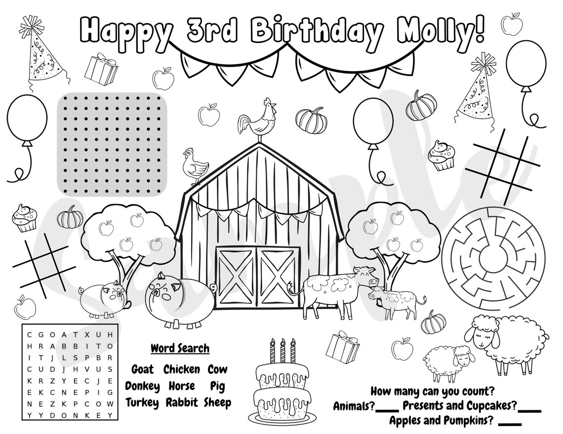 Customizable Farm Theme Birthday Coloring Page - Etsy