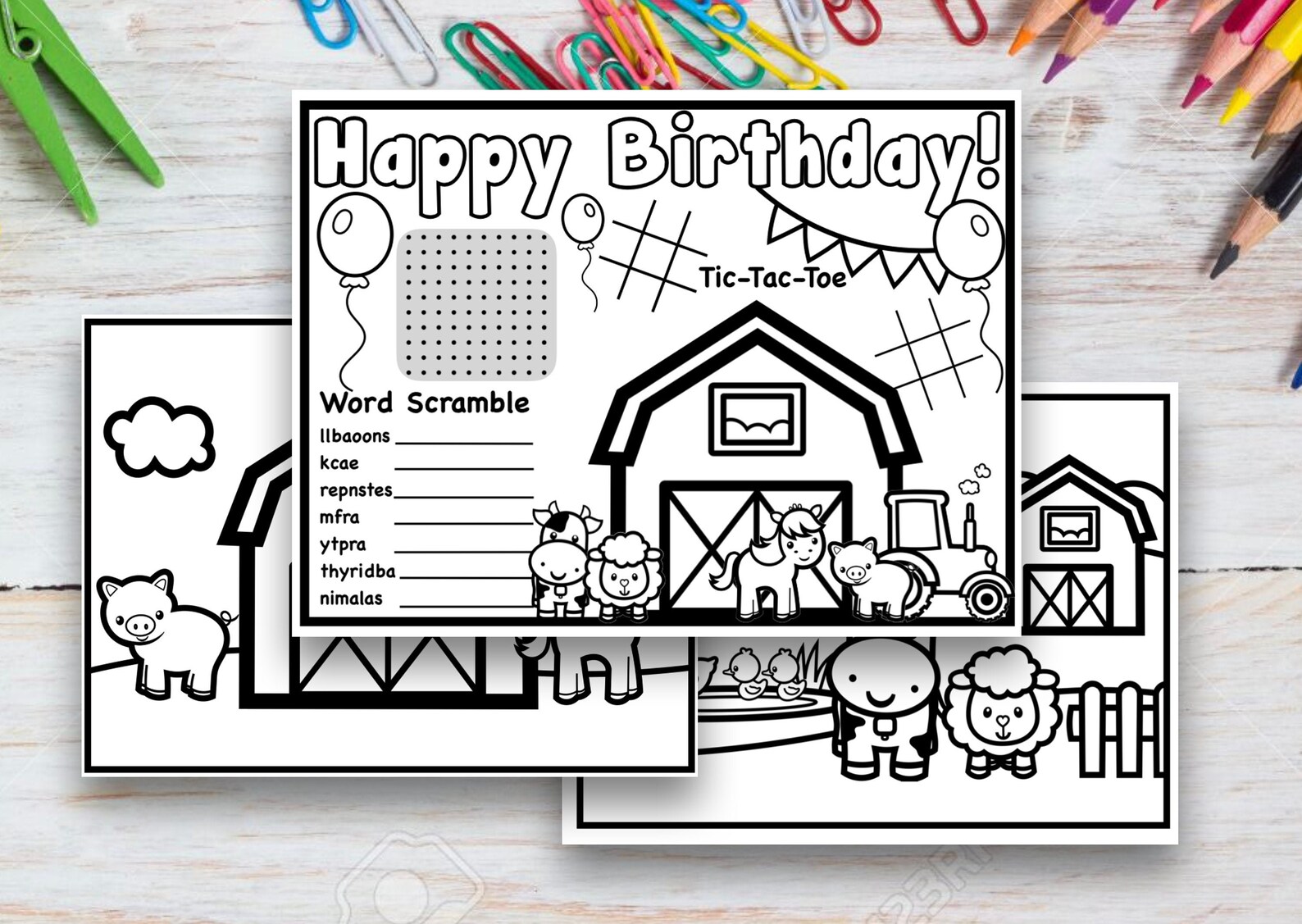 Set of 3 Farm Theme Birthday Coloring Pages | Etsy