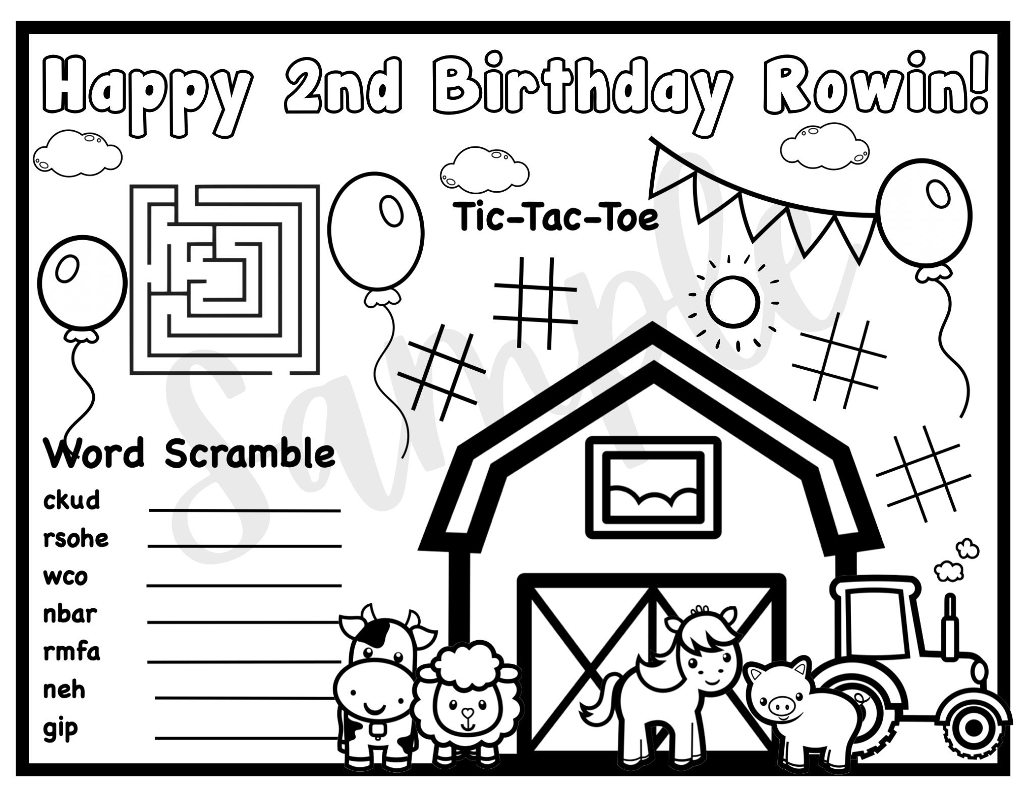 Set of 7 Customizable Farm Theme Birthday Coloring Pages - Etsy