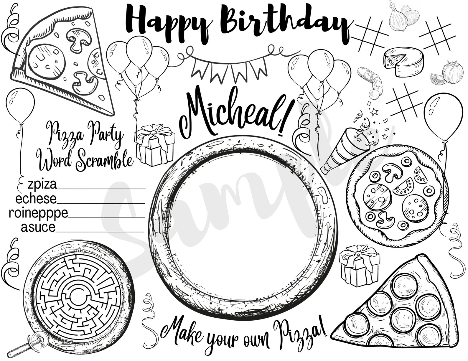Customizable Pizza Party Birthday Coloring Page, Make Your Own Pizza ...