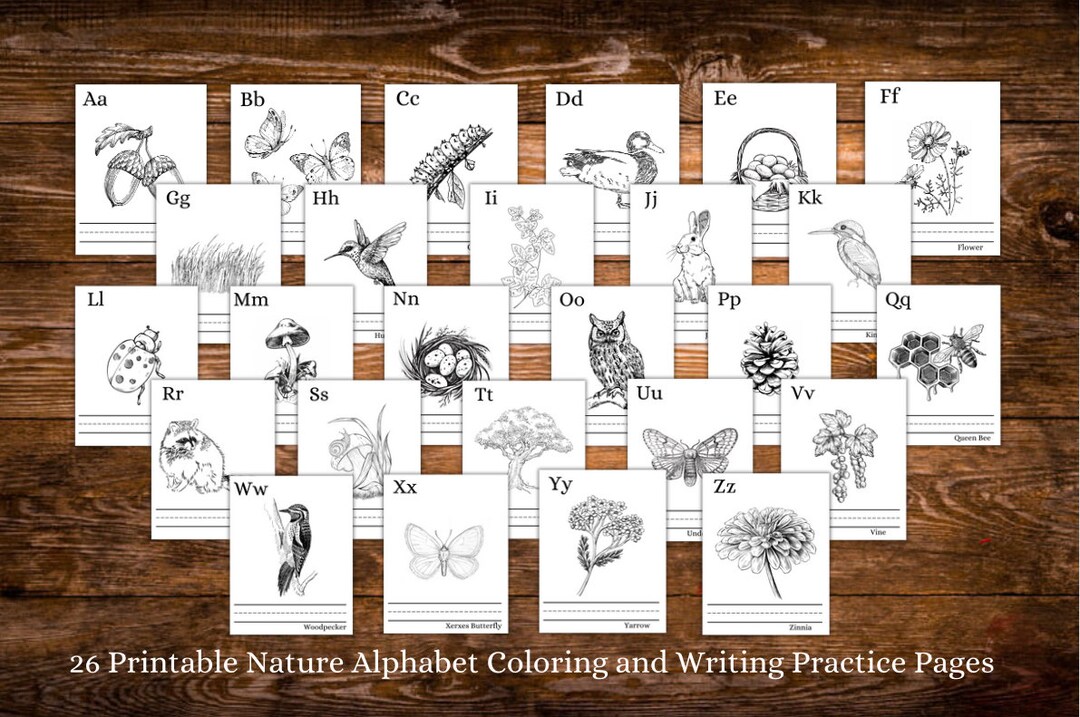 26 Nature Inspired Alphabet Coloring and Writing Practice Pages 8.5x11 ...