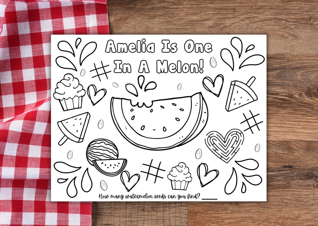 Customizable One in A Melon Coloring Page, Placemat, Watermelon ...