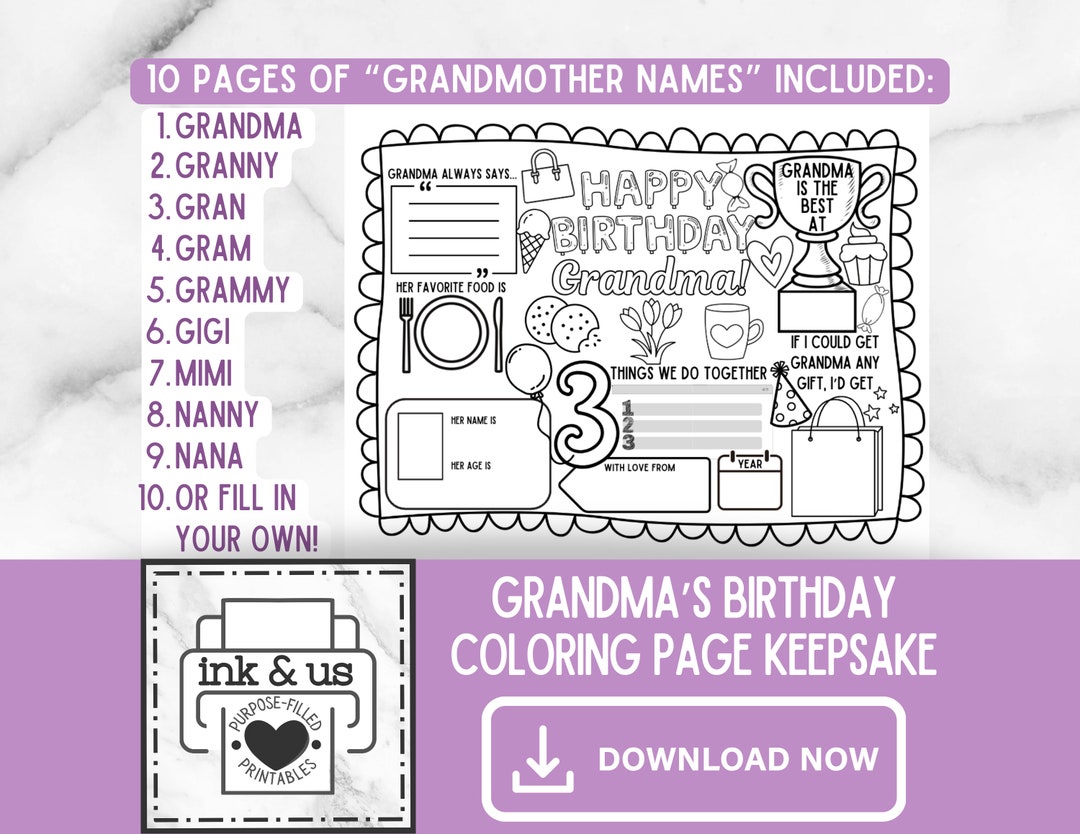 Grandma Birthday Coloring Page Grandma Birthday Gift Printable Keepsake ...