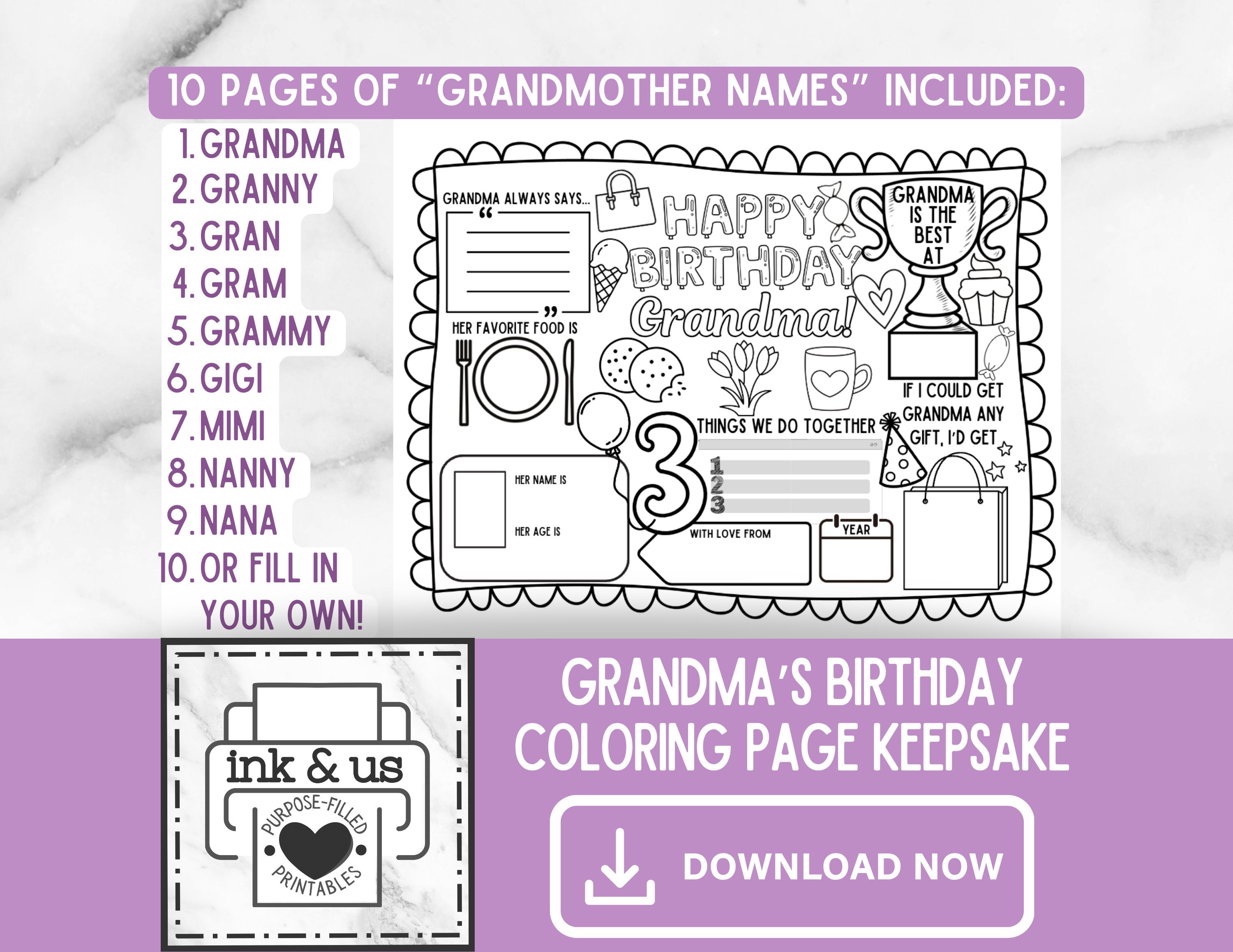 Grandma Birthday Coloring Page Grandma Birthday Gift Printable Keepsake ...