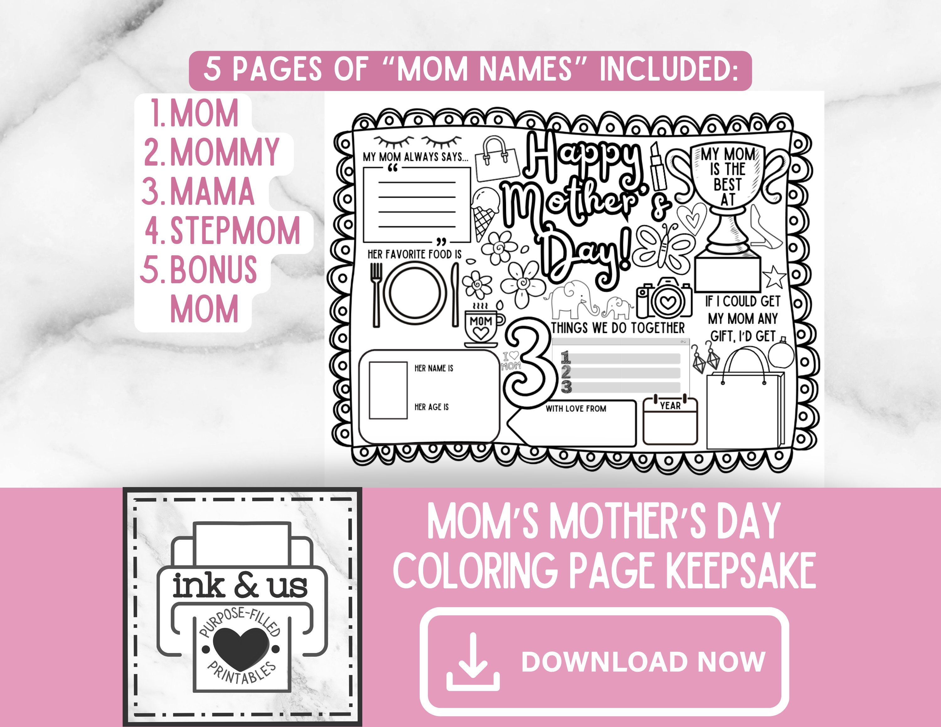Mother's Day Coloring Page for Mom Mothers Day Gift From Child Kids ...
