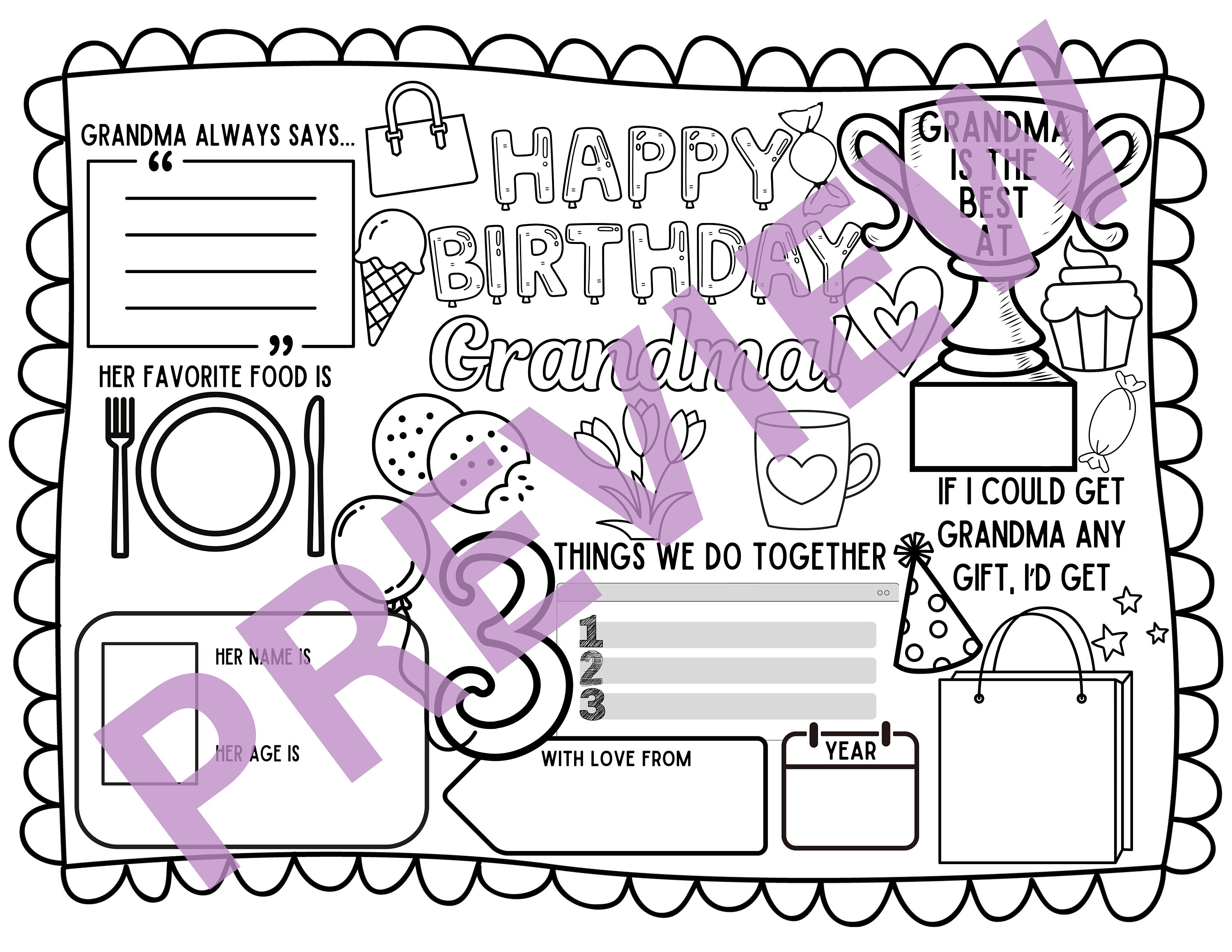 Grandma Birthday Coloring Page Grandma Birthday Gift Printable Keepsake ...