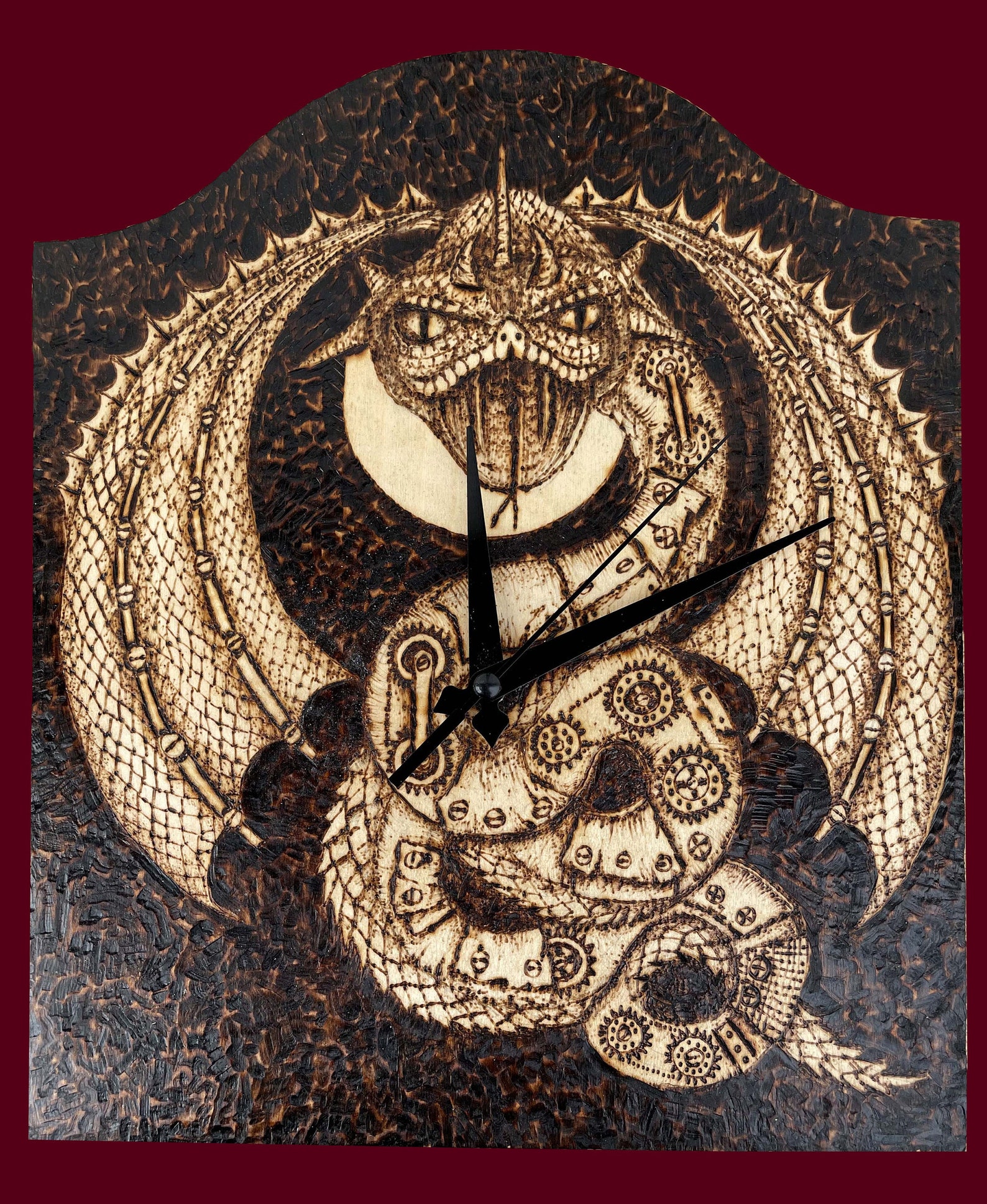 STEAMPUNK DRAGON SNAKE Wall Clock Pyrographed Burned by Hand Wooden ...