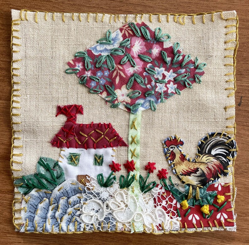 Set 4 Patches House Slow Stitched Embroidered Upcycled Linen Cotton ...