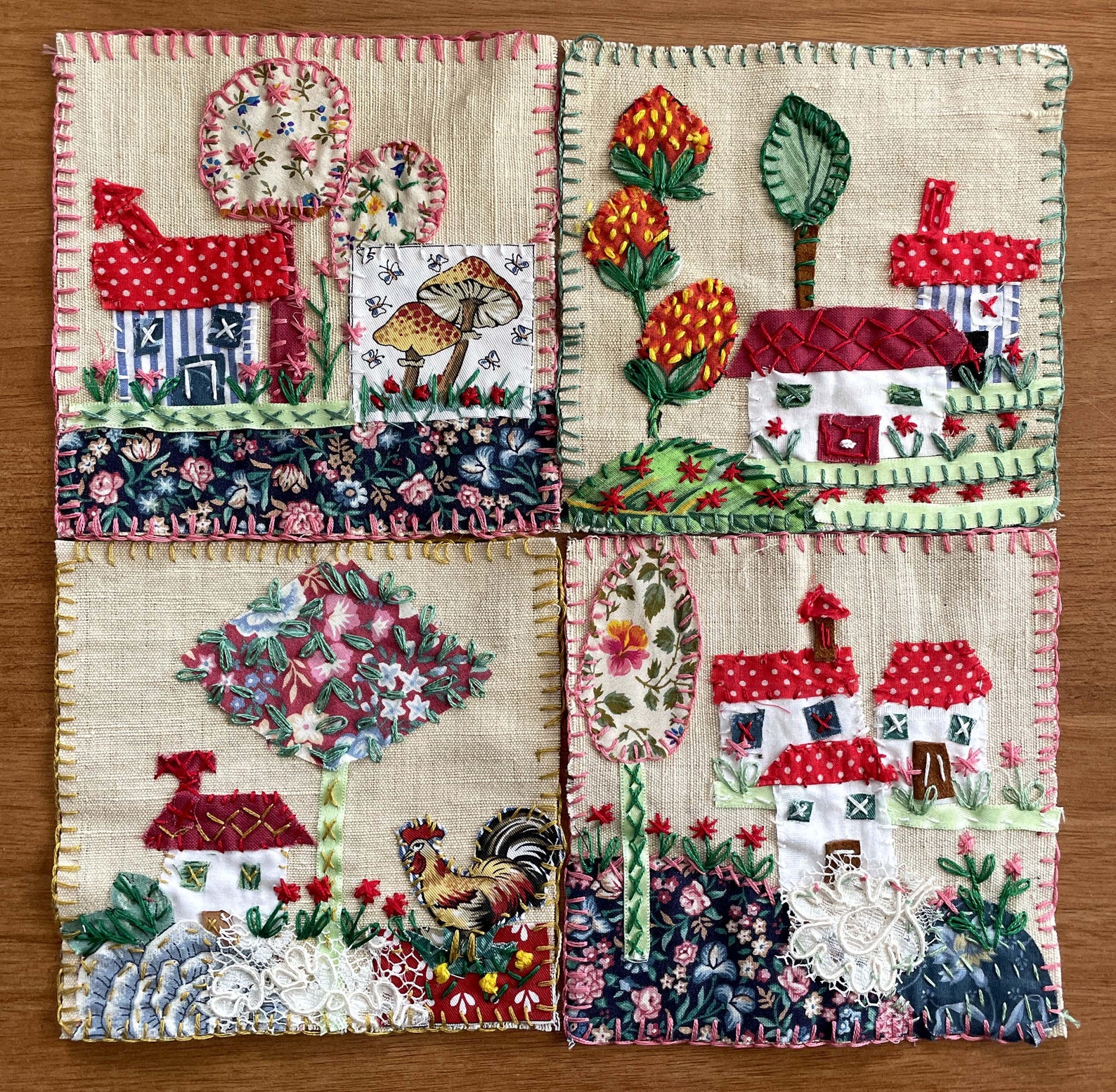 Set 4 Patches House Slow Stitched Embroidered Upcycled Linen Cotton ...