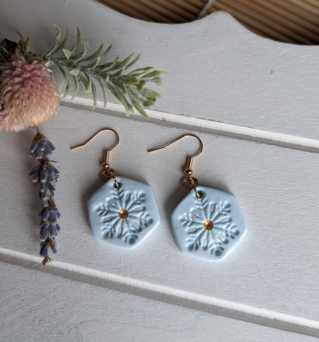 Winter Snowflake Clay Earrings Light Blue and Gold - Etsy