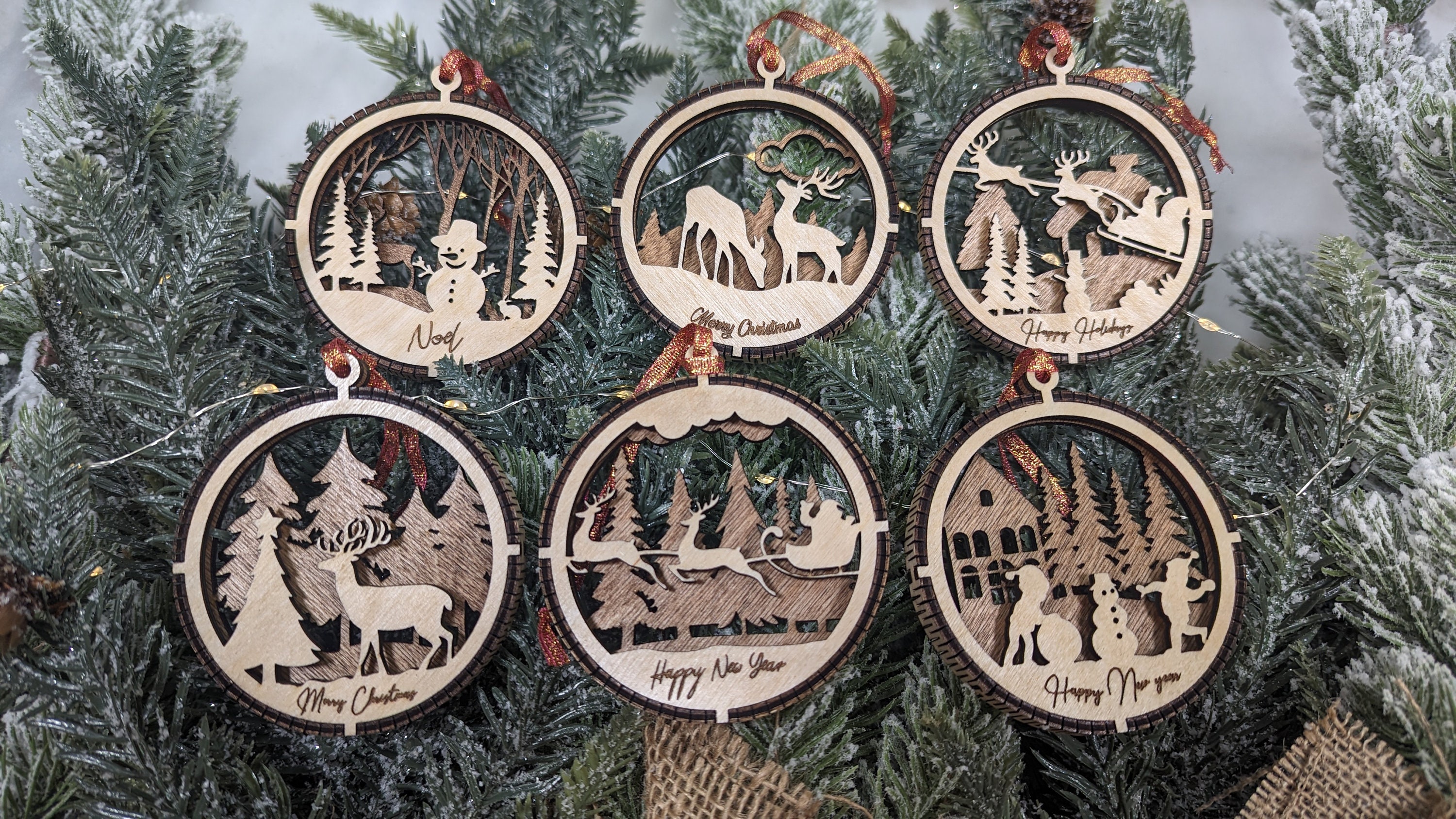 Handcrafted Laser-cut Wooden Christmas Ornament Sets. Sets of 6, 15, or ...
