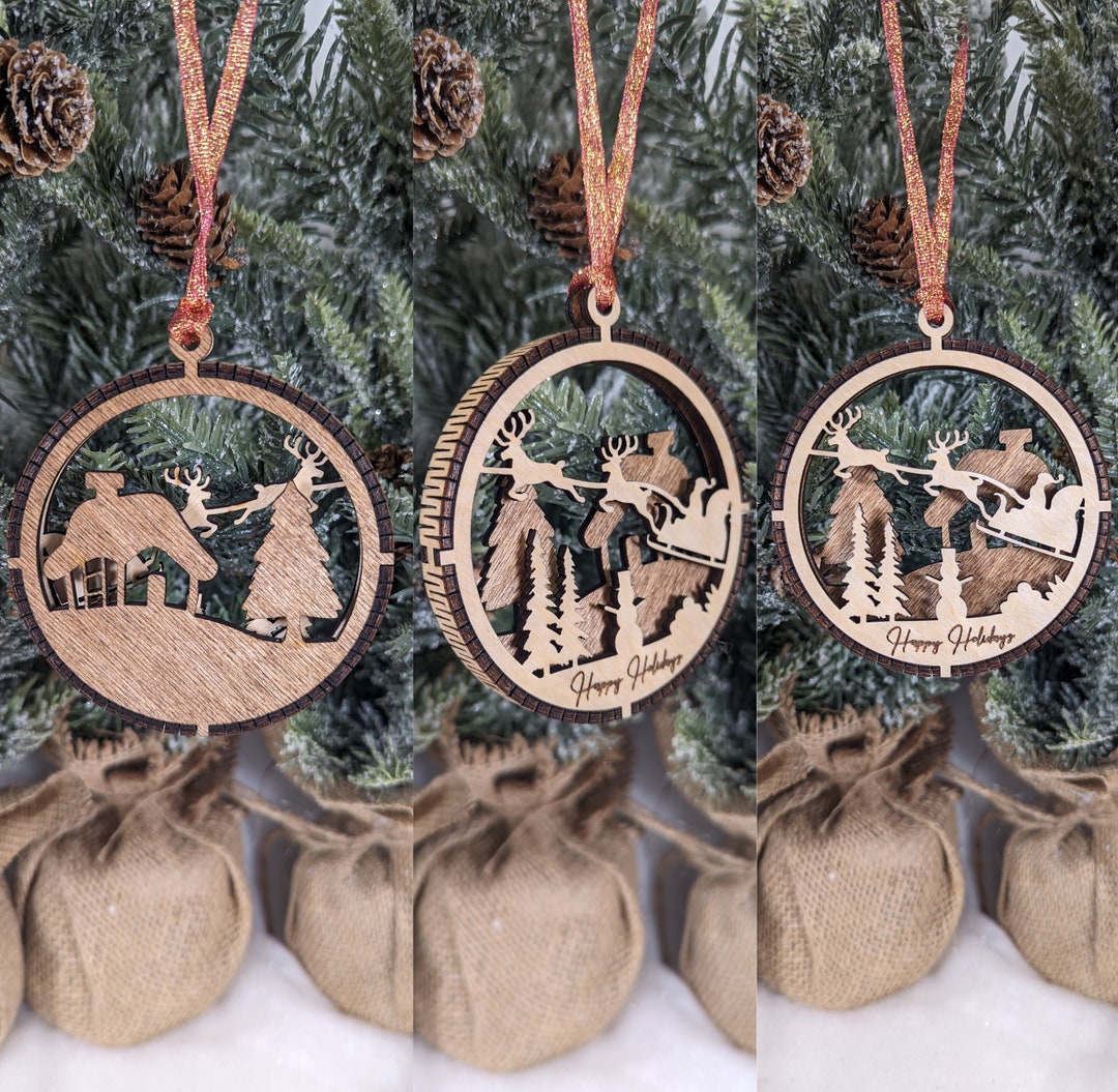 Handcrafted Laser-cut Wooden Christmas Ornament Sets. Sets of 6, 15, or ...