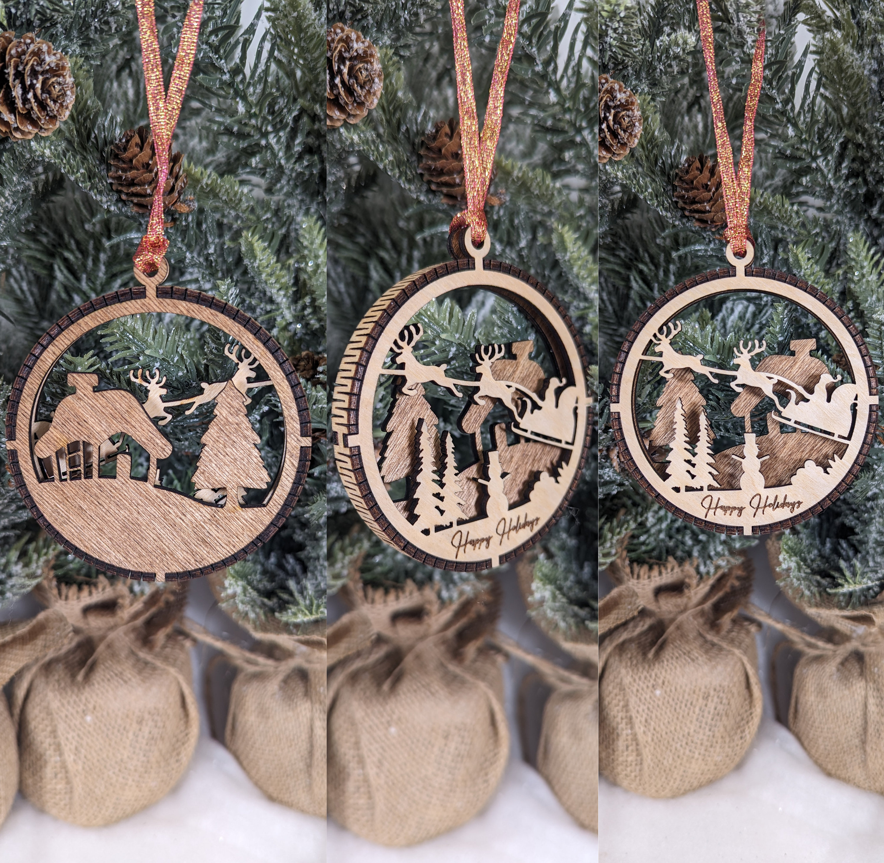 Handcrafted Laser-cut Wooden Christmas Ornament Sets. Sets of 6, 15, or ...