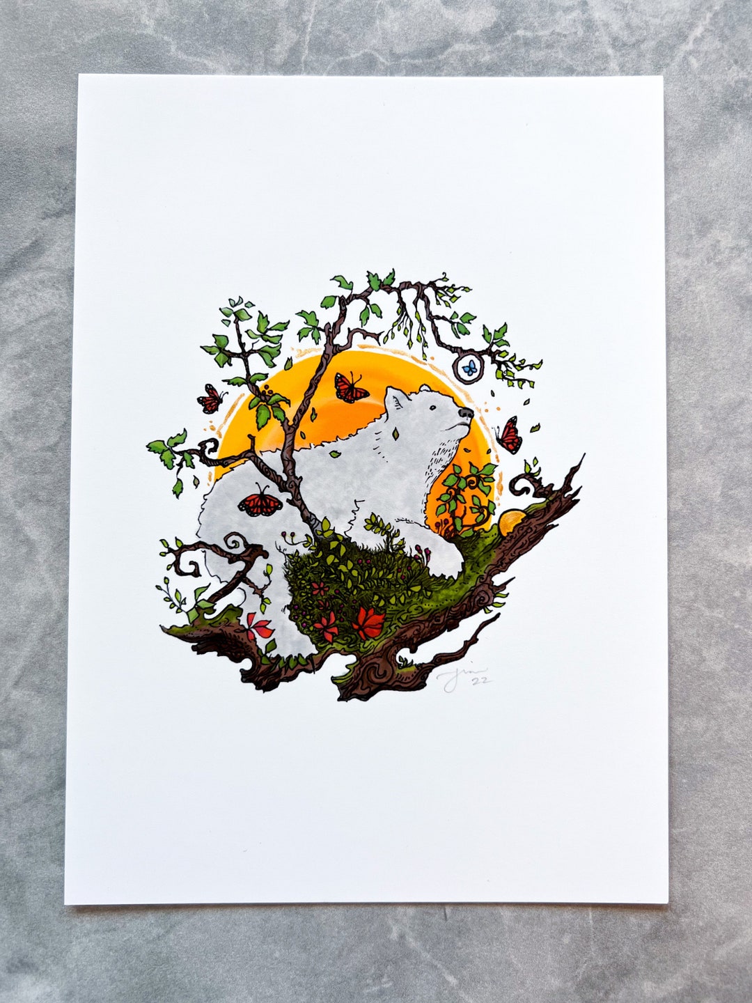 Spirit Bear Art Print With Hand-painted Gold Ink (undying Tales, 5 X 7 ...