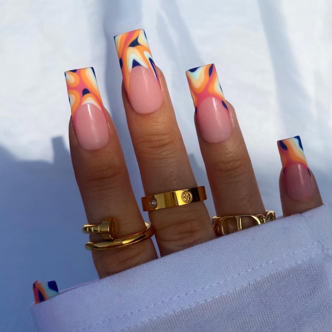 30 Pcs Swirl French Coffin Press on False Nails With Design Press on ...