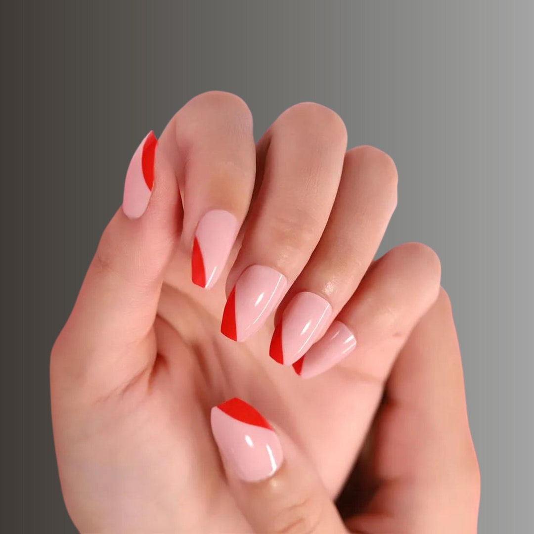 24pcs Slanted Red French Tip Press on Nails| Press on Nails Short ...