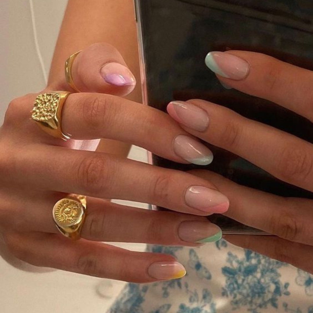 24pcs Pastel Angled French Tip Press on Nails| Press on Nails Short ...