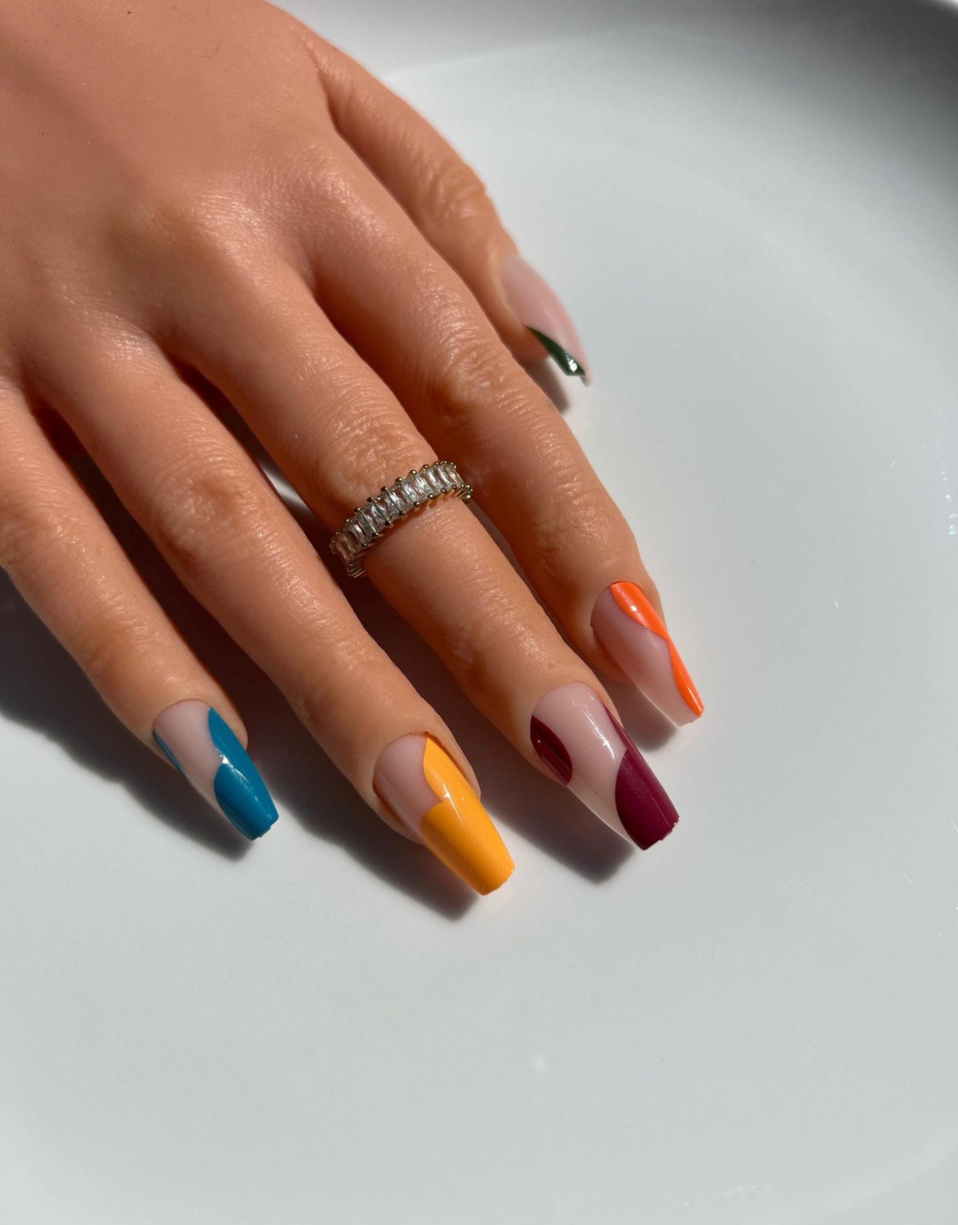 Gorgeous Warm Earthy Tones Wavy Design Long Coffin Press on Nails ...