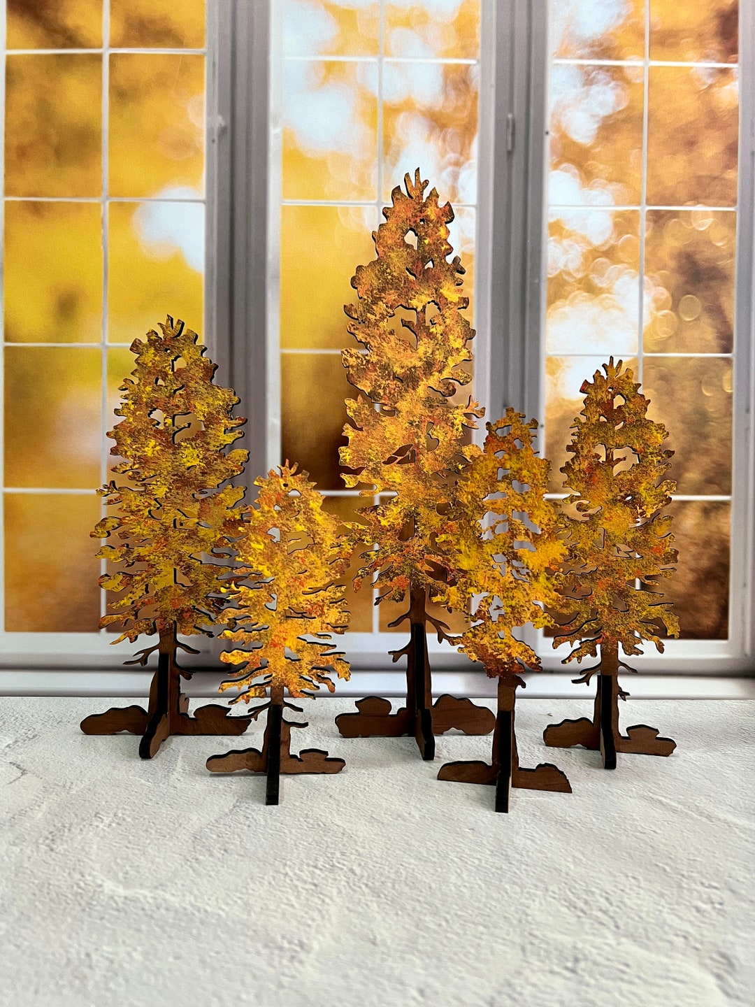 Free Standing Fall Trees, Yellow-orange, Hand Painted, Autumn Decor ...