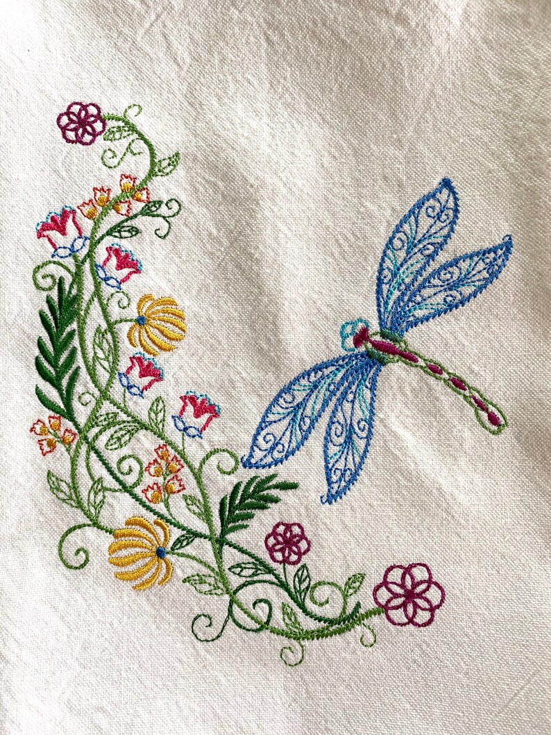 Kitchen Towel Embroidered With Delicate Dragonfly and Colorful | Etsy