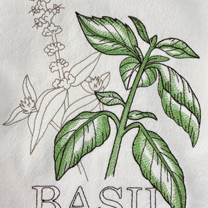 Embroidered Tea Towel Fresh Basil Botanical Embroidery - Etsy