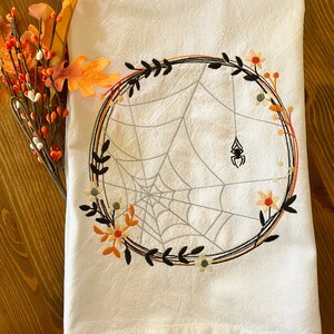 Kitchen Towel, Delicate Web and Spider Embroidered on Flour Sack Towel ...