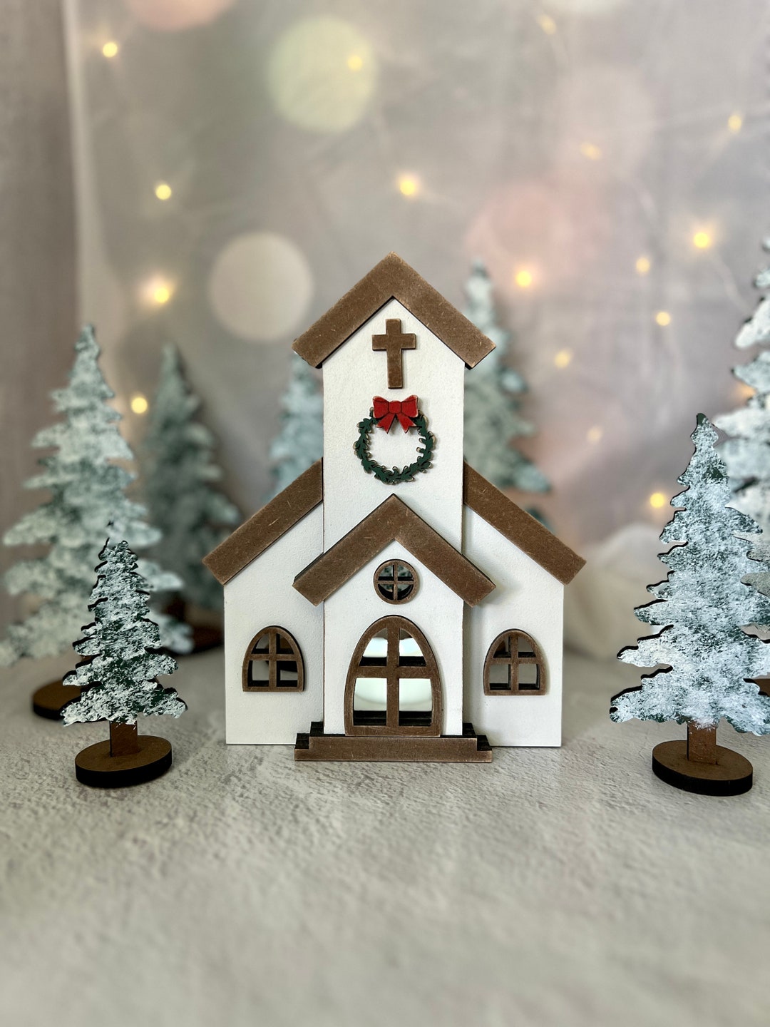 Country Christmas Church Tea Light Holder, Mantel Decor, Includes Tea ...
