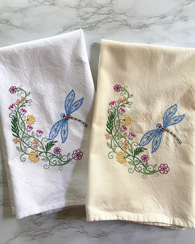 Kitchen Towel Embroidered With Delicate Dragonfly and Colorful | Etsy