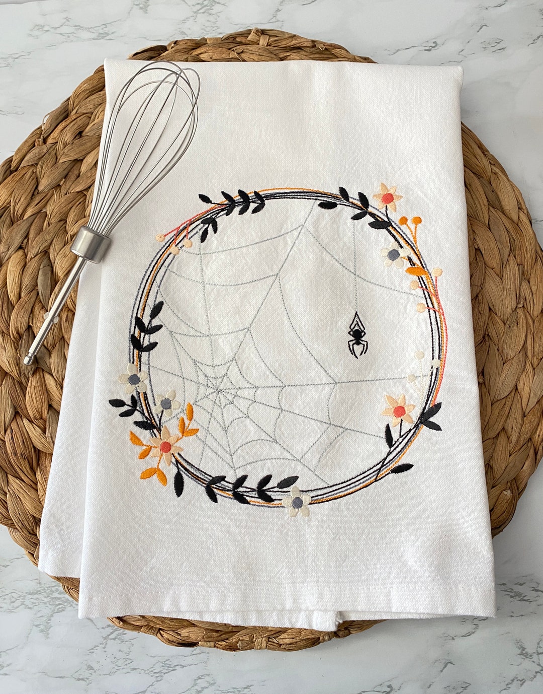Kitchen Towel, Delicate Web and Spider Embroidered on Flour Sack Towel ...