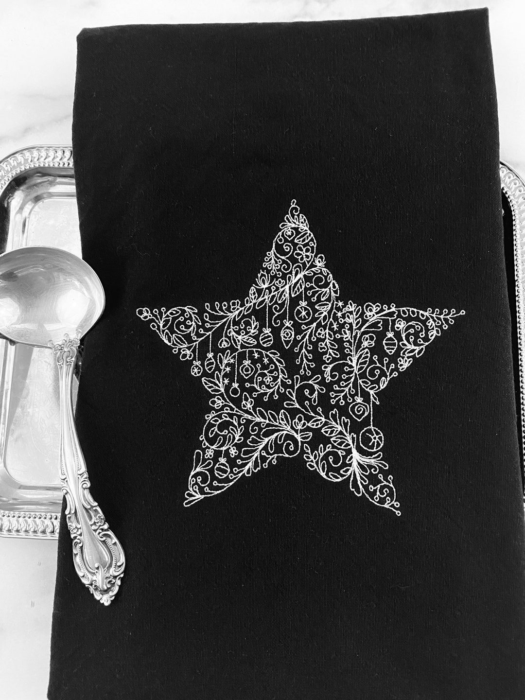 Filigree Star Embroidered on Black Tea Towel, Elegant Winter Kitchen ...