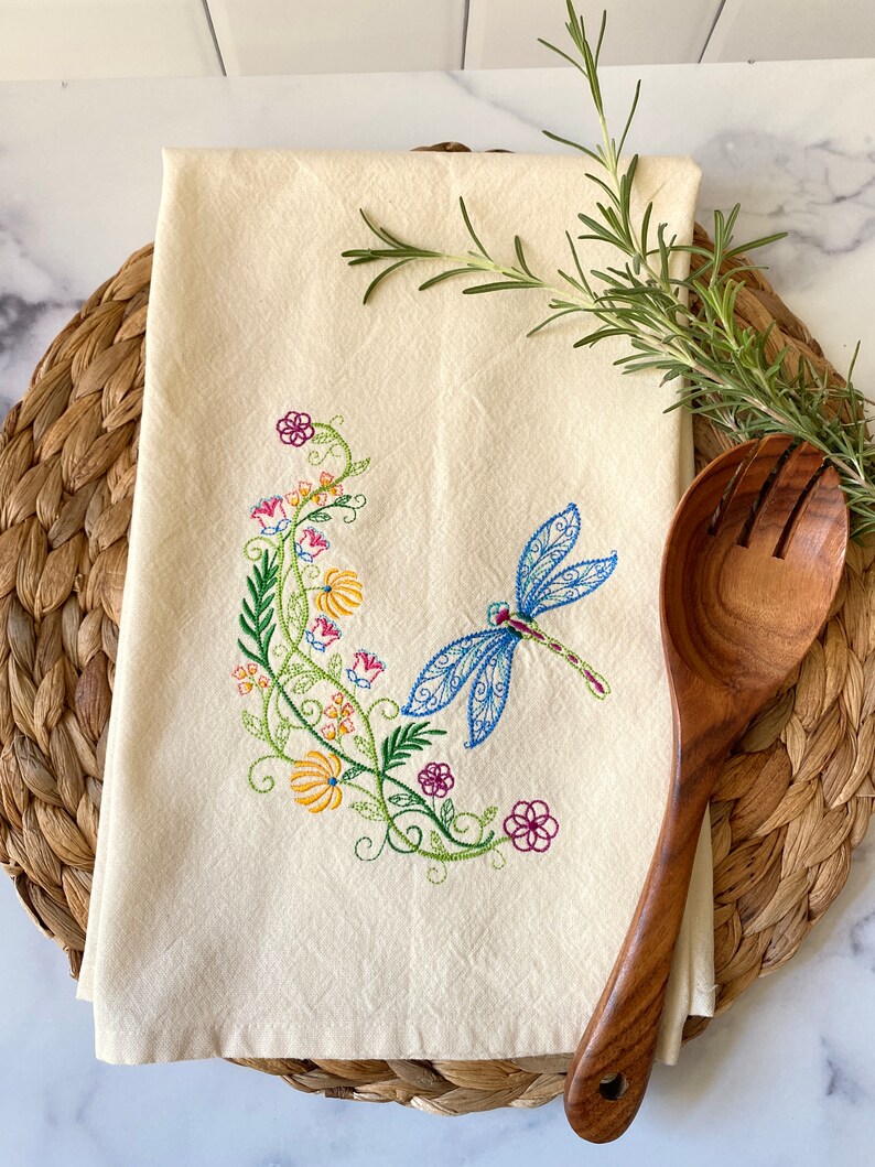 Kitchen Towel Embroidered With Delicate Dragonfly and Colorful | Etsy