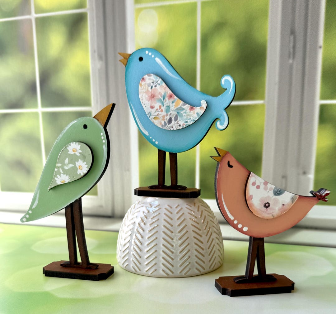 Whimsical Bird Shelf Sitters - Hand-painted Mixed Media Decor - Single ...
