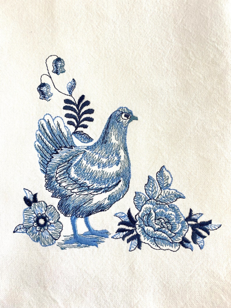 Embroidered Kitchen Towel Delft Blue Country Hen Design | Etsy