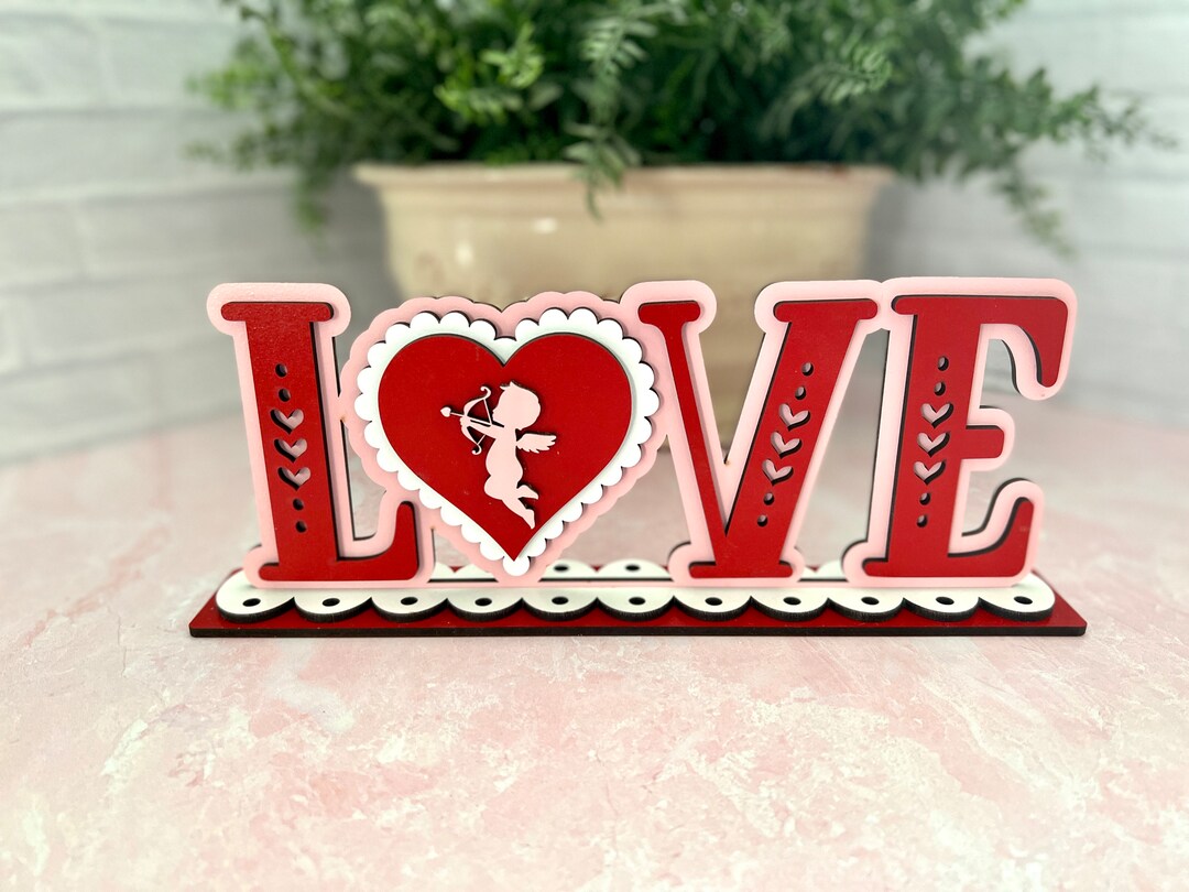 Valentine LOVE Sign Standing Shelf Sitter, Lace Look Heart, Cupid in ...