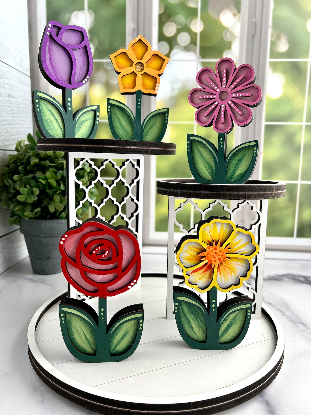 Hand Painted Wooden Flower Shelf Sitters – Freestanding Spring & Summer ...