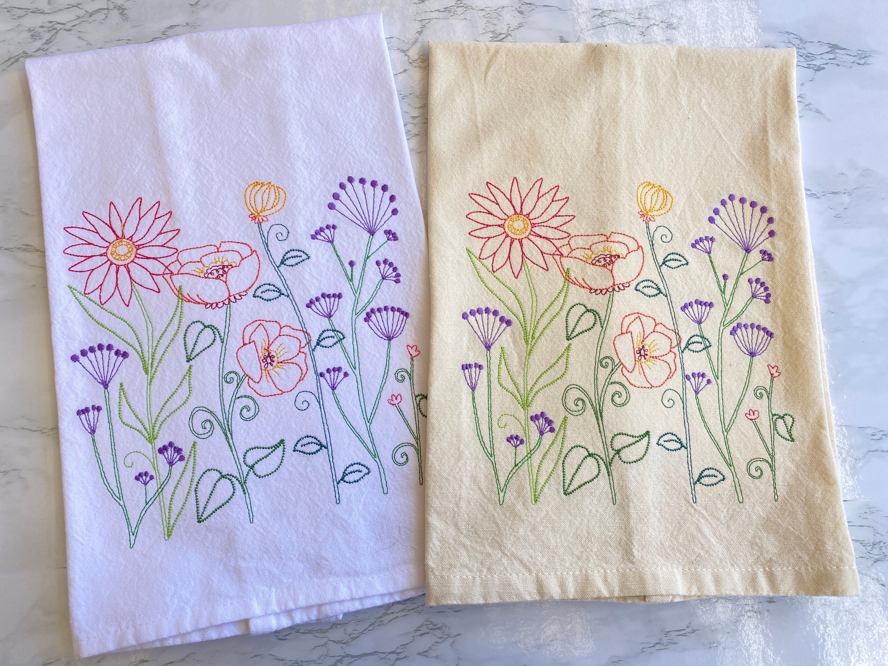 Embroidered kitchen towel light and lovely floral border with | Etsy