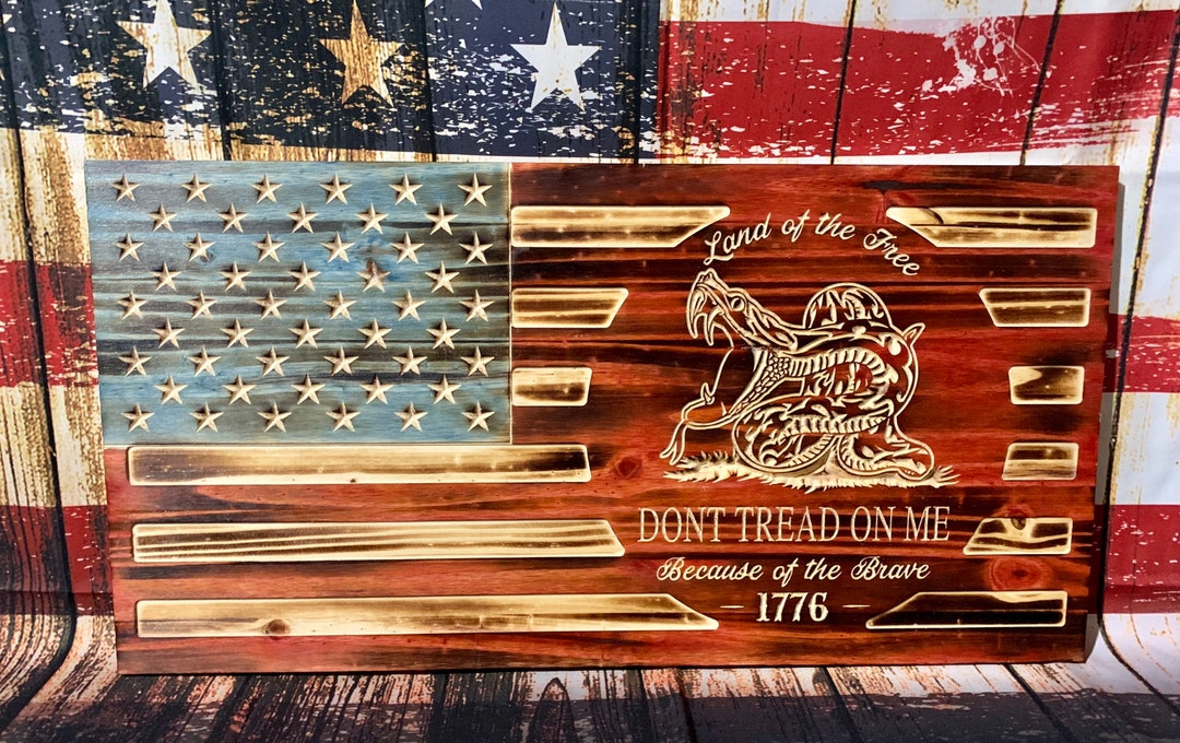 US Rustic Wood Burned Gadsden Flag , Dont Tread on Me American Flag ...